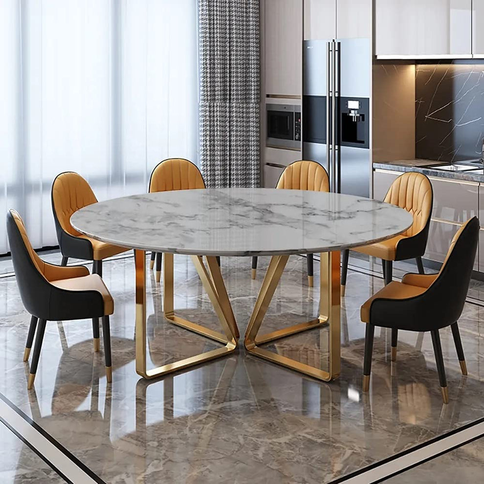Round White Marble Dining Table with Golden Base & Mustard-Black Chair ...
